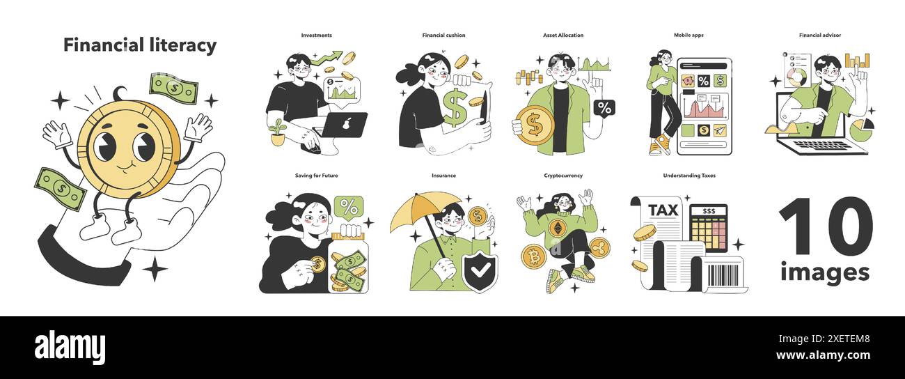 Financial literacy set. Personal budget development, money planning and ...