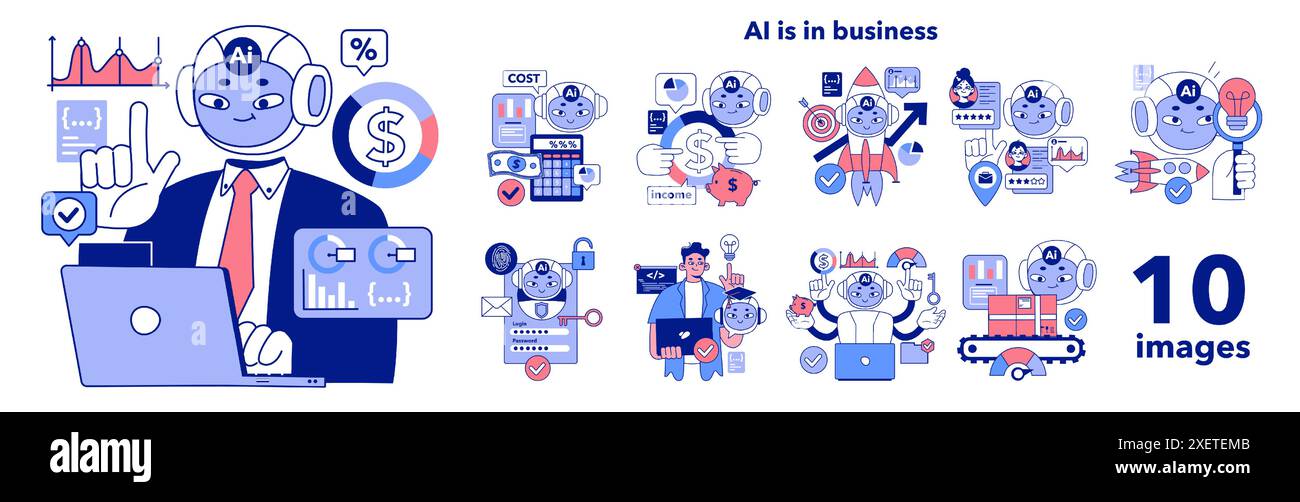 Artificial intelligence in business set. AI-powered production ...