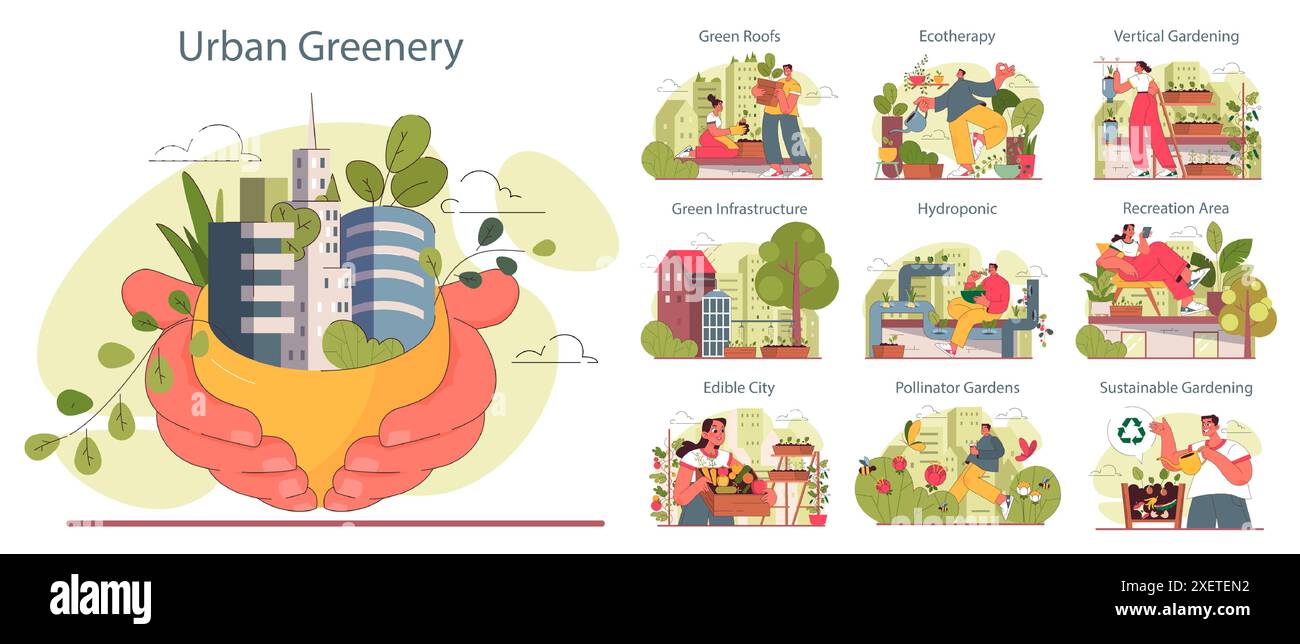 Urban farming or gardening set. City horticulture practices. Characters ...
