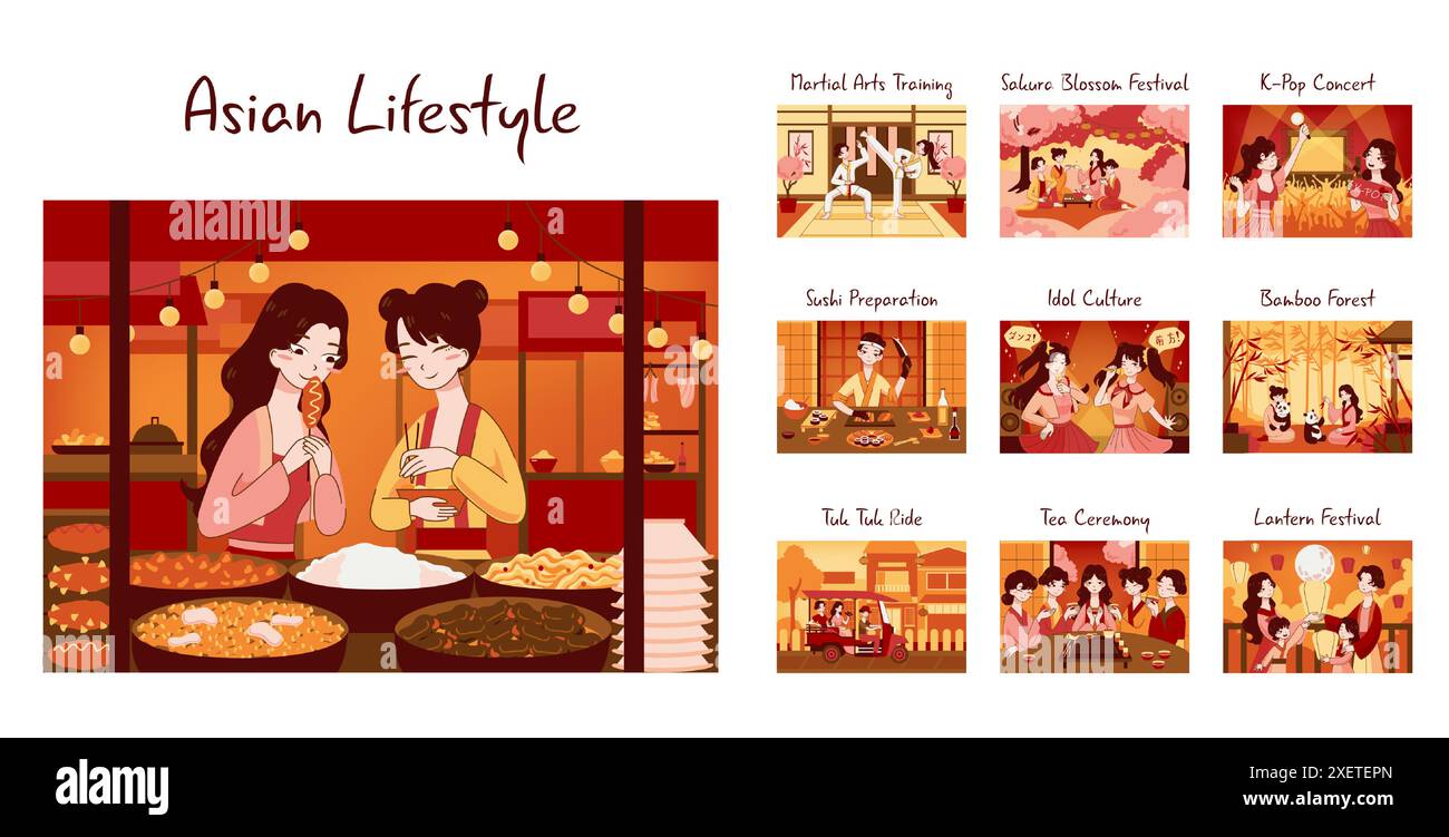 Asian people lifestyle and culture set. Characters enjoying their free ...