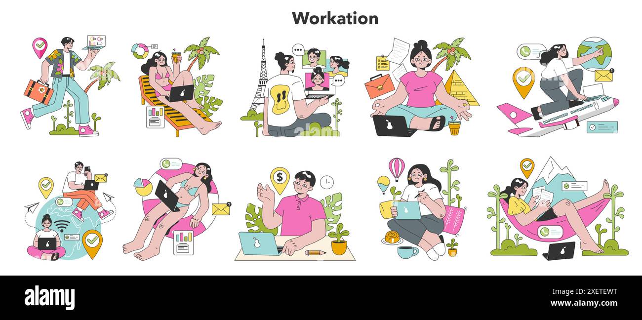 Workcation set. Chatacter working away from the office. Digital nomad ...