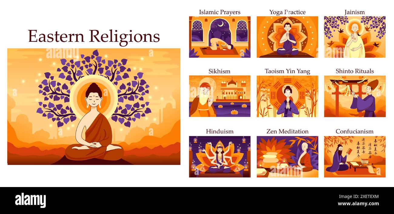 Eastern religion set. Asian and middle East religious ideas and rituals. Hinduism, Shinto, Islam ...