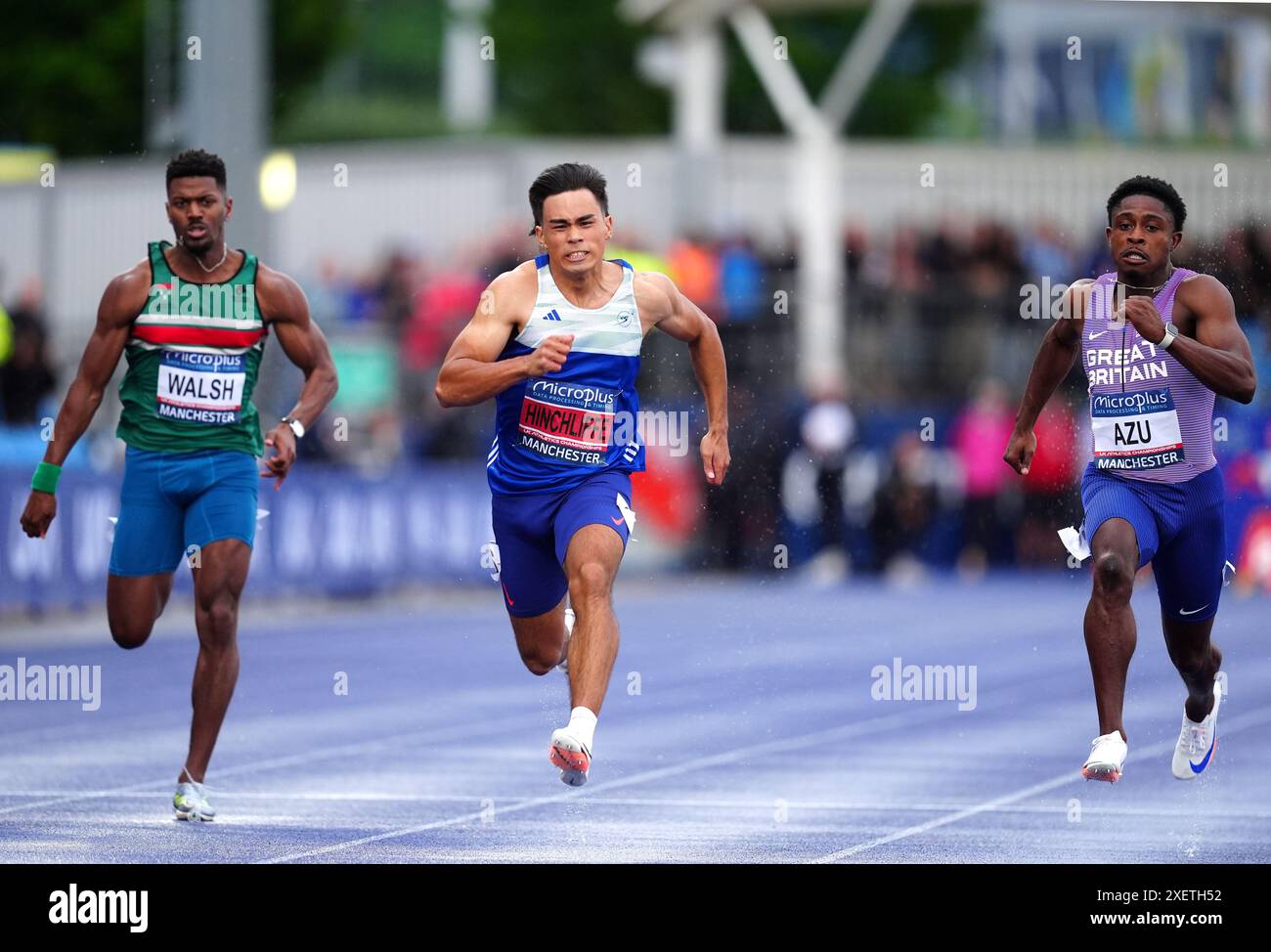 Louie Hinchliffe (centre) wins the Men's 100m final during day one of ...