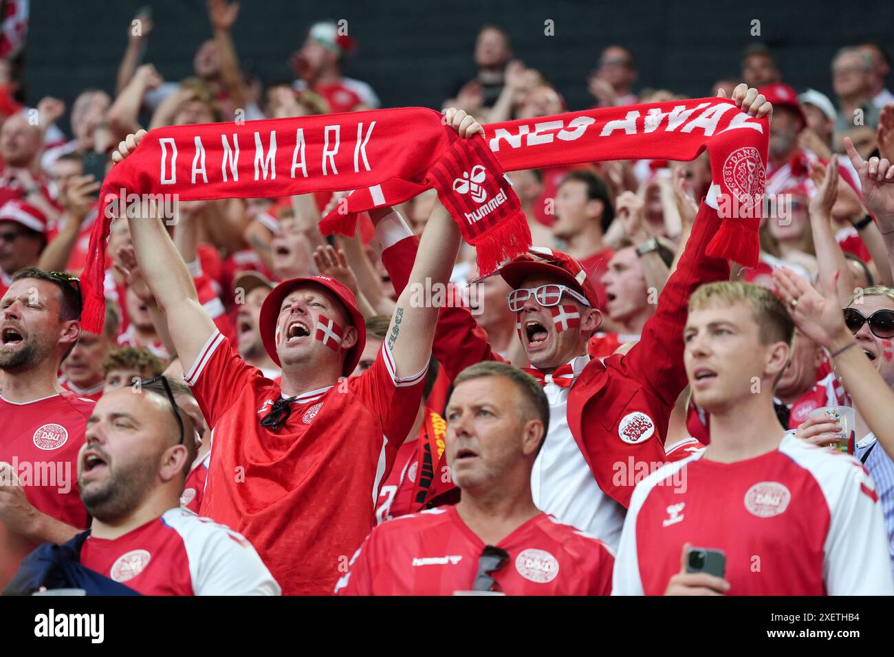 Denmark fans show their support in the stands during the UEFA Euro 2024 ...