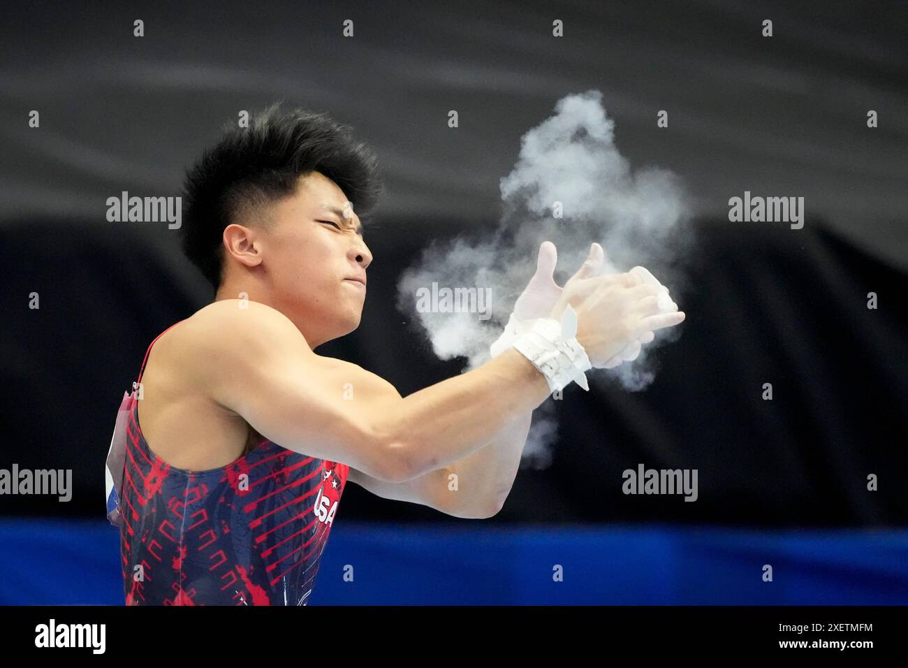 Yul Moldauer celebrates after competing on the high bar at the United ...