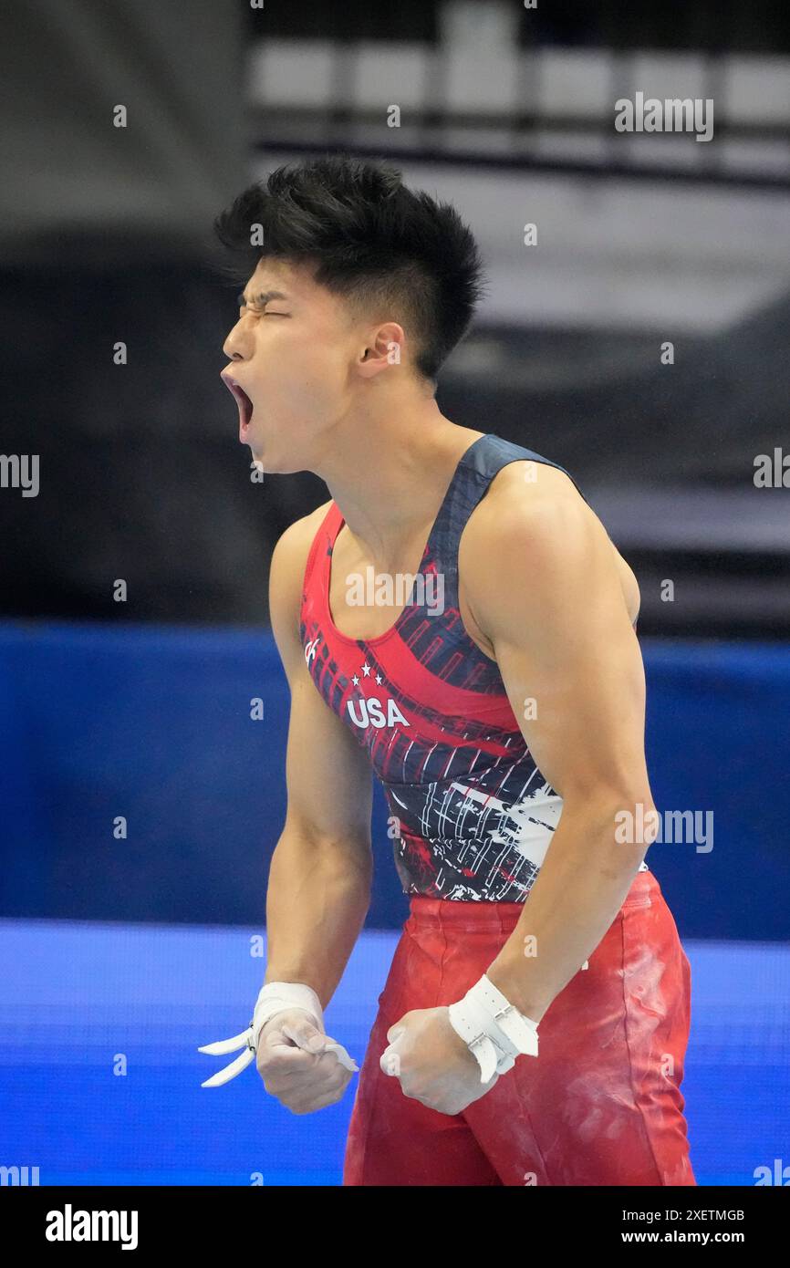 Yul Moldauer celebrates after competing on the high bar at the United ...
