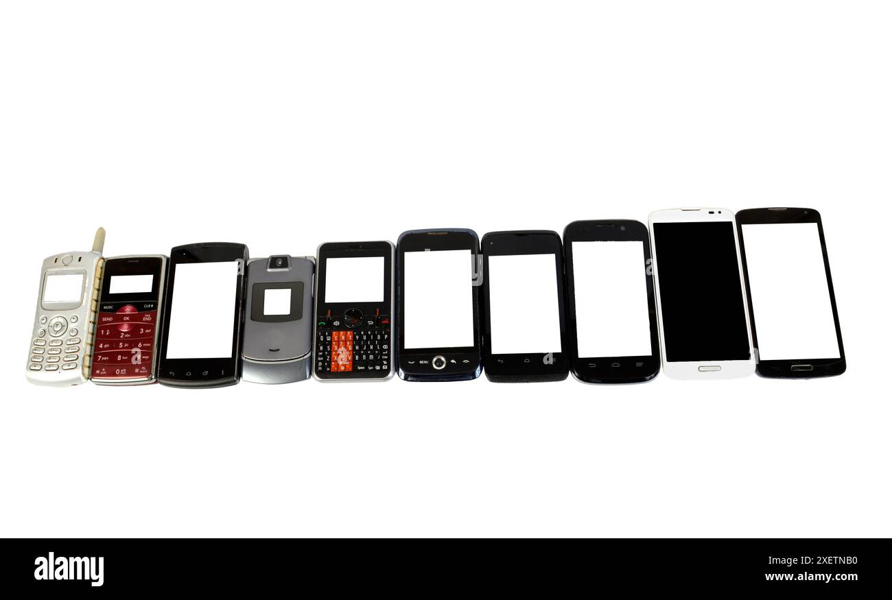 Horizontal close-up shot of 10 different phones from old cell to new cell phone. White ...