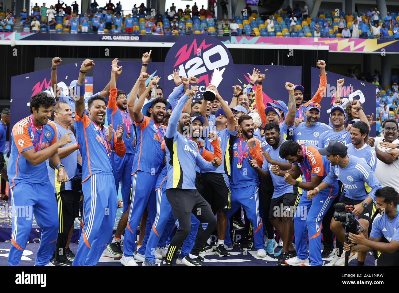 India players celebrate with the trophy following the 2024 ICC Men's ...