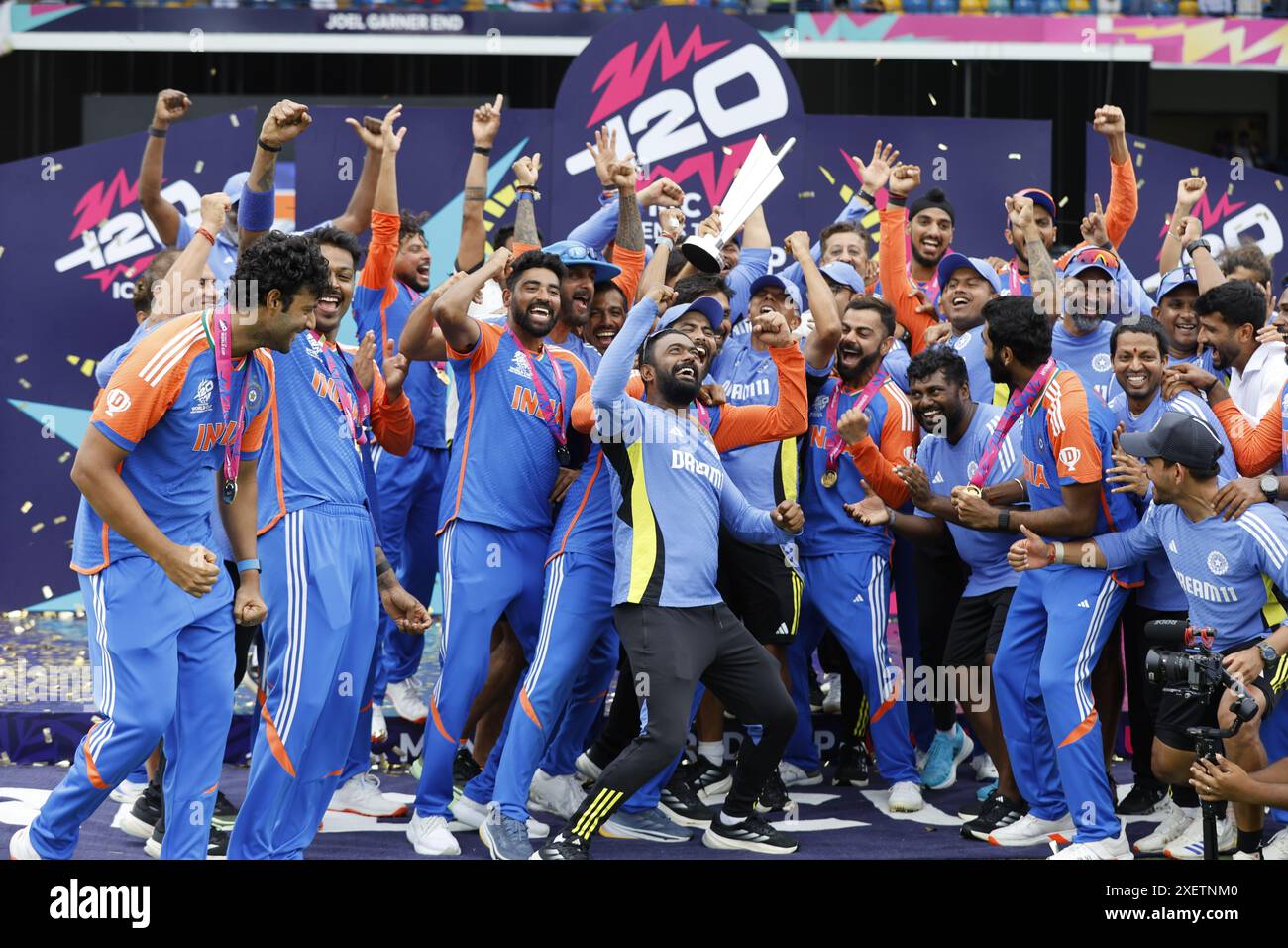 India players celebrate with the trophy following the 2024 ICC Men's ...
