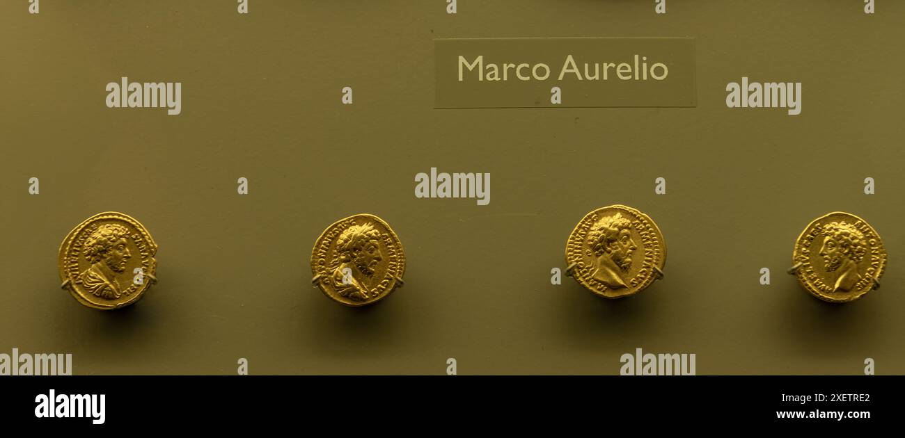 Close-up of four ancient Roman gold coins featuring Emperor Marcus ...
