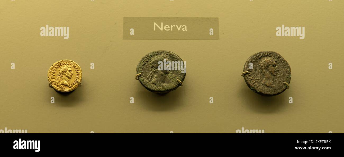 Display of ancient Roman coins featuring Emperor Nerva at the Merida ...
