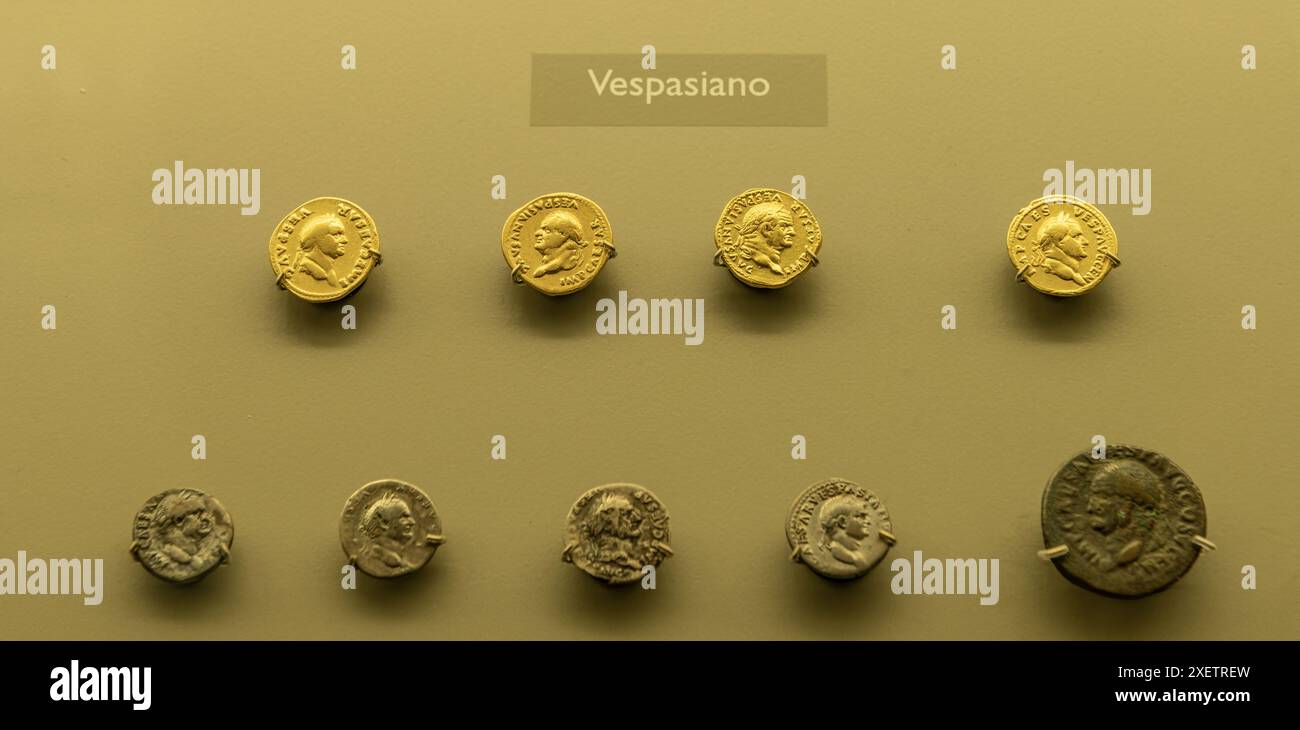 Display of ancient Roman gold coins featuring Emperor Vespasian at the ...
