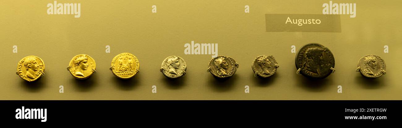 Display of ancient Roman gold and silver coins featuring Emperor ...