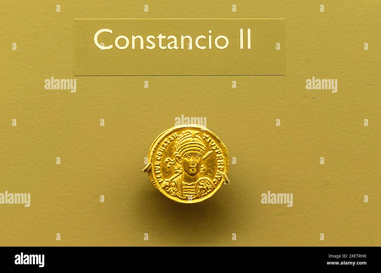 Display of an ancient Roman gold coin featuring Emperor Constantius II ...