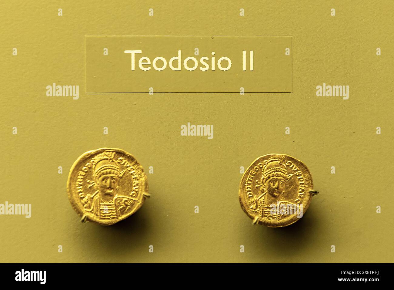 Ancient Roman gold coins depicting Emperor Theodosius II, displayed at ...