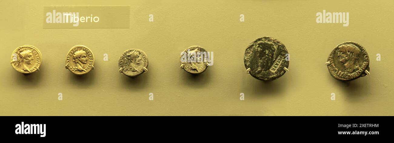 Display of ancient Roman gold and silver coins featuring Emperor ...