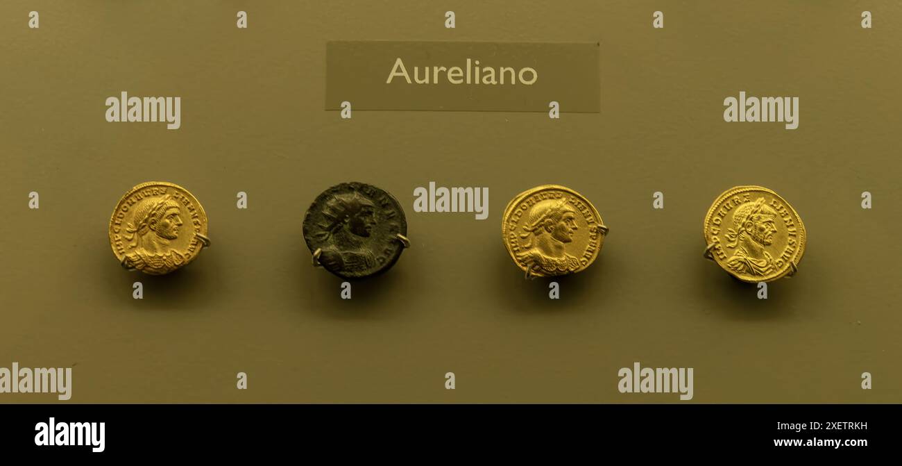 Display of gold and bronze coins featuring the profile of Roman Emperor ...