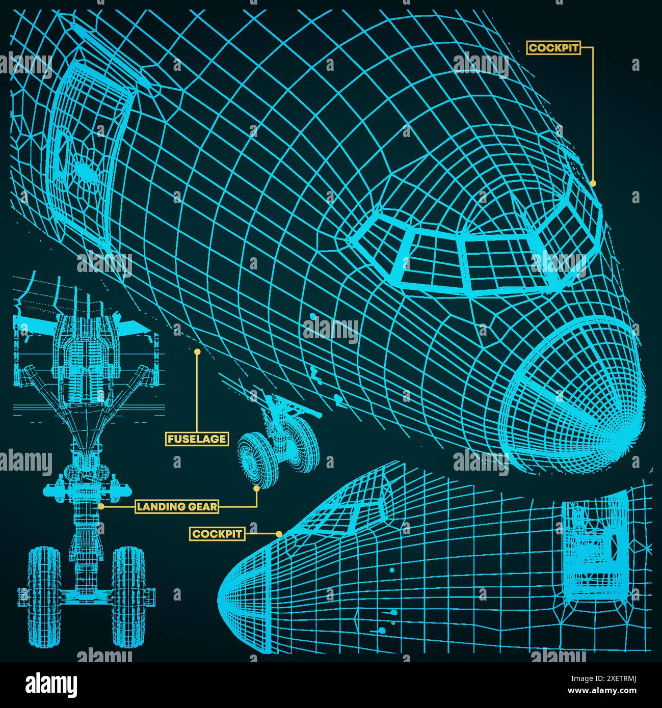 Vector illustration of a fragment of drawings of a civilian jet in the ...