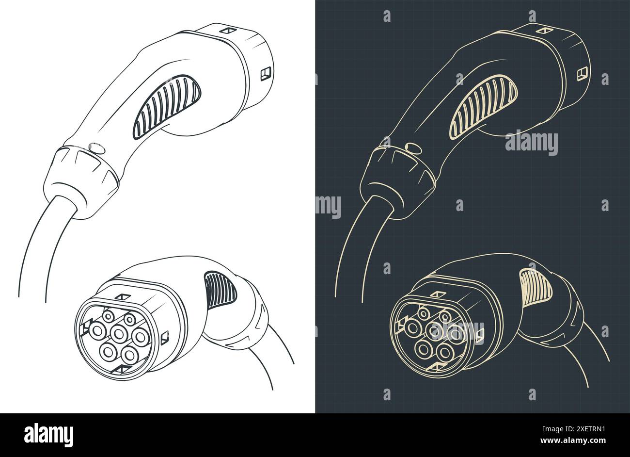 Stylized vector illustrations of blueprints of EV charger type 2 plug ...