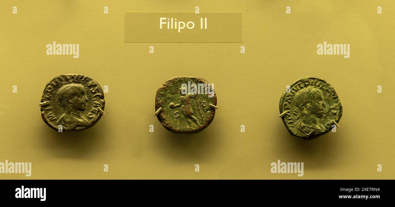 Display of Roman coins from the reign of Emperor Philip II. Featuring ...