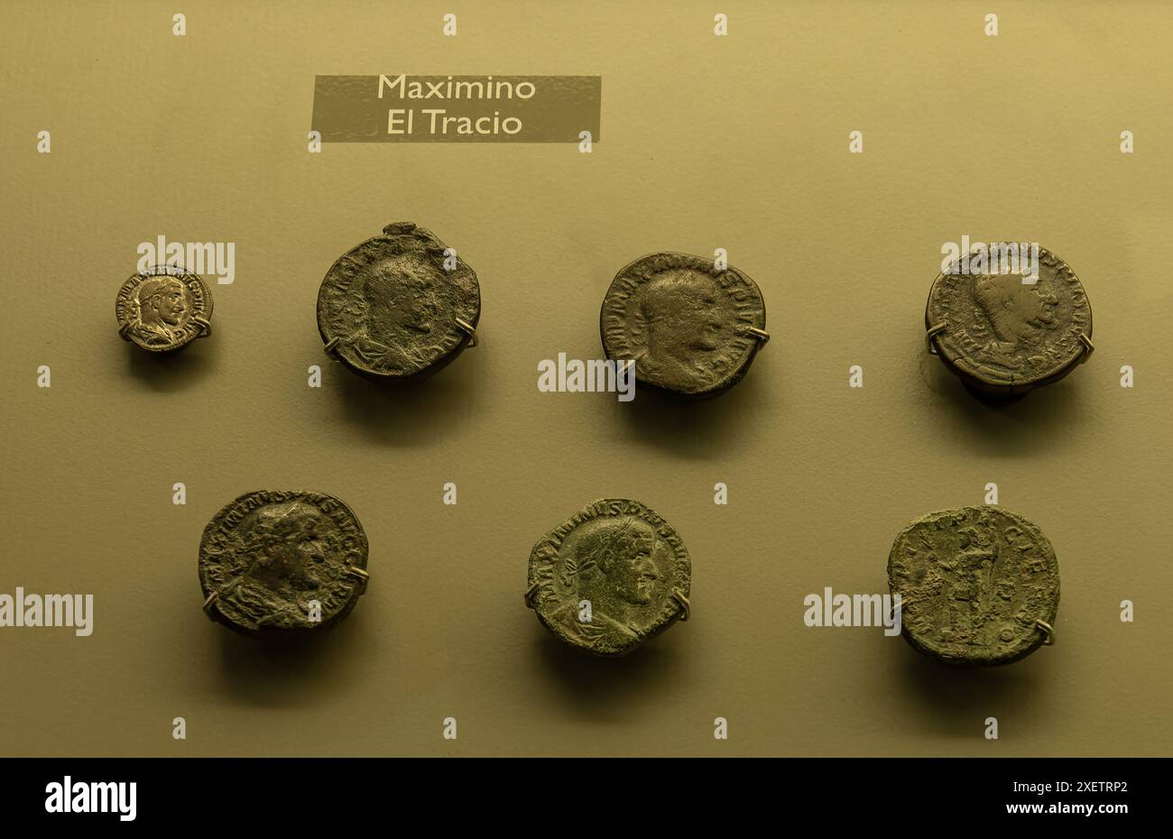 Display of ancient Roman coins from the reign of Maximinus Thrax ...