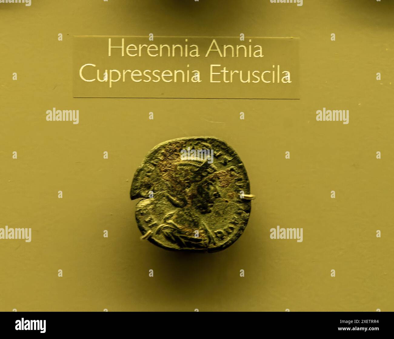 Close-up of an ancient Roman coin featuring Empress Herennia Etruscilla ...