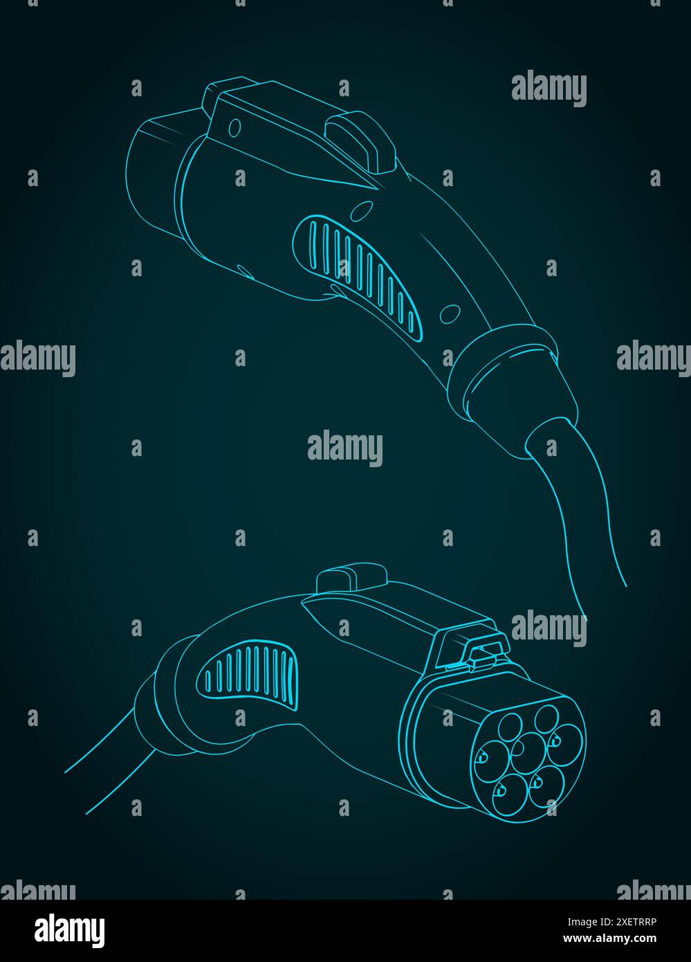 Stylized vector illustrations of blueprints of EV charger GB/T AC ...