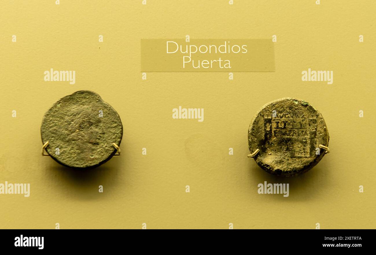 Display of Roman dupondii coins featuring a gate design on the reverse ...