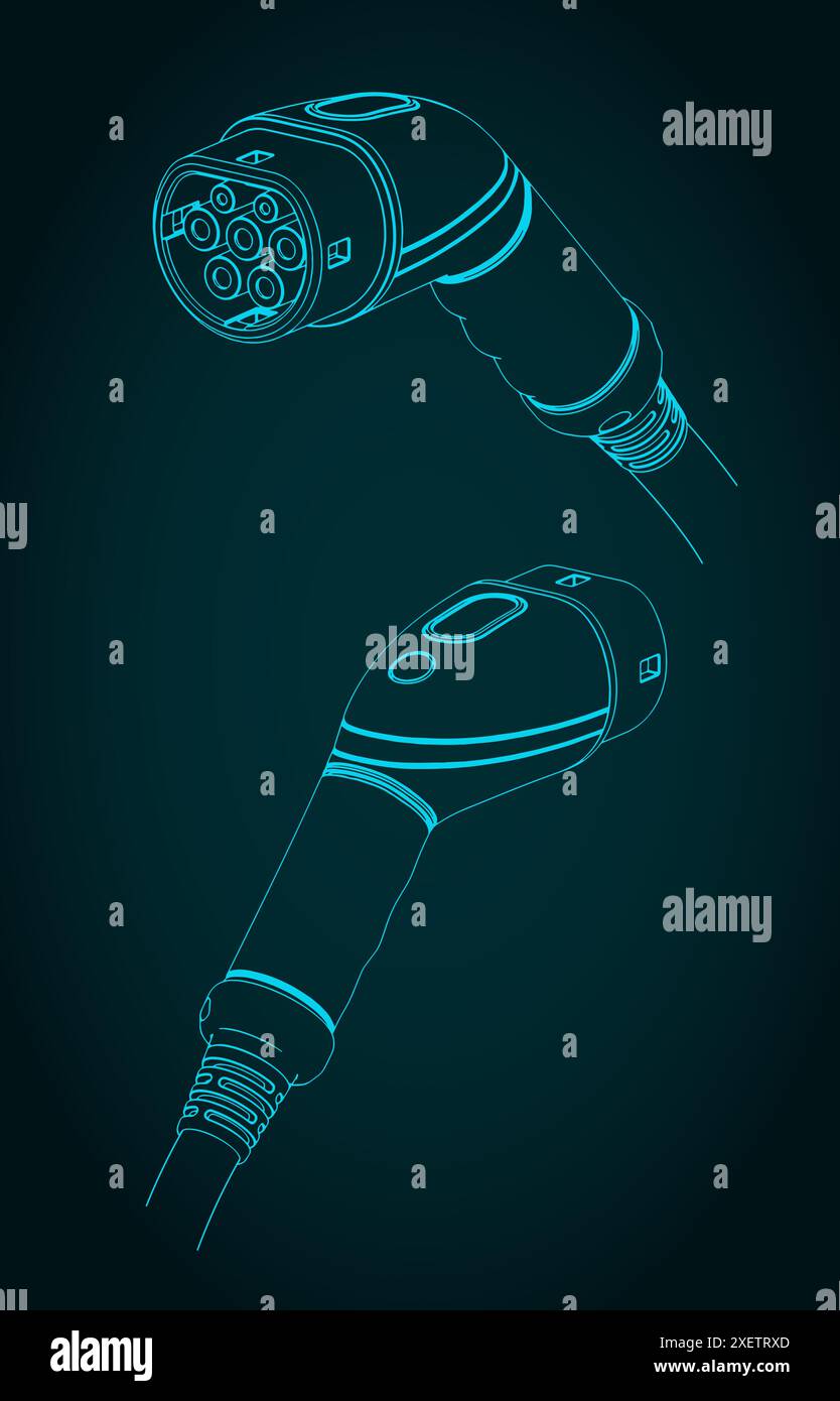 Stylized vector illustrations of blueprints of EV charger type 2 plug ...