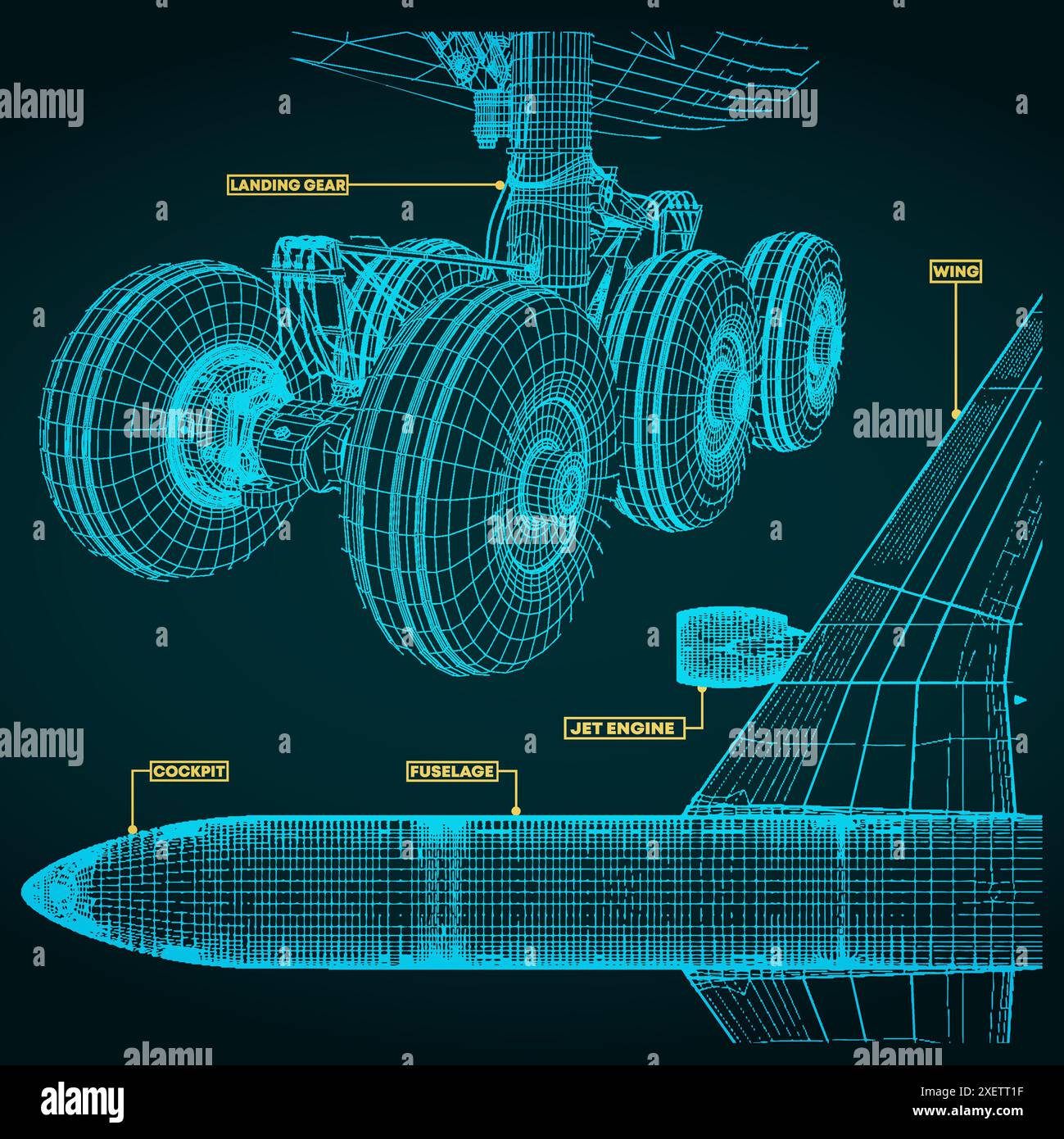 Vector illustration of a fragment of blueprints of a civilian jet in ...
