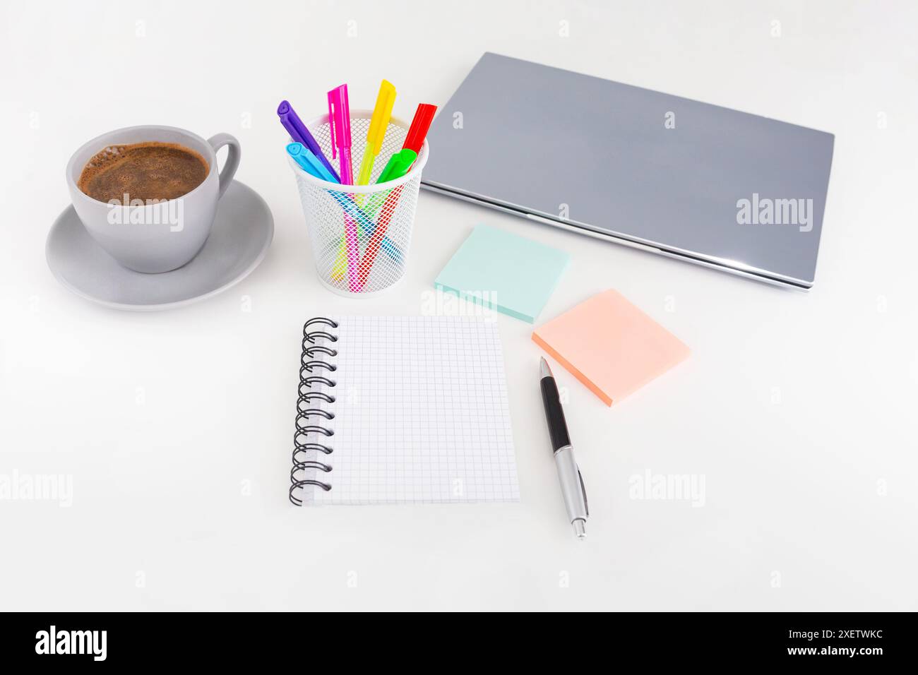 Office desk table with supplies, sticky notes and coloured pens. Top ...