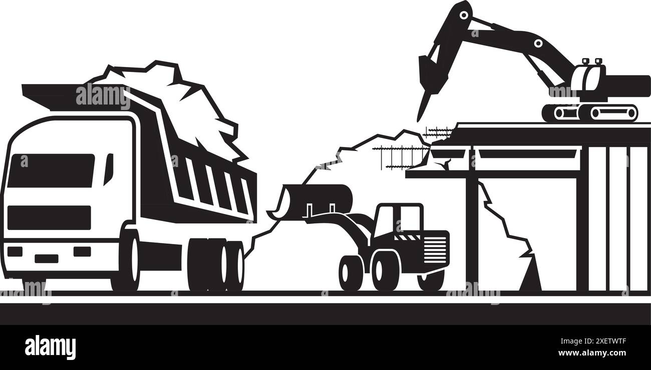 Demolition of concrete bridge with construction machinery – vector ...