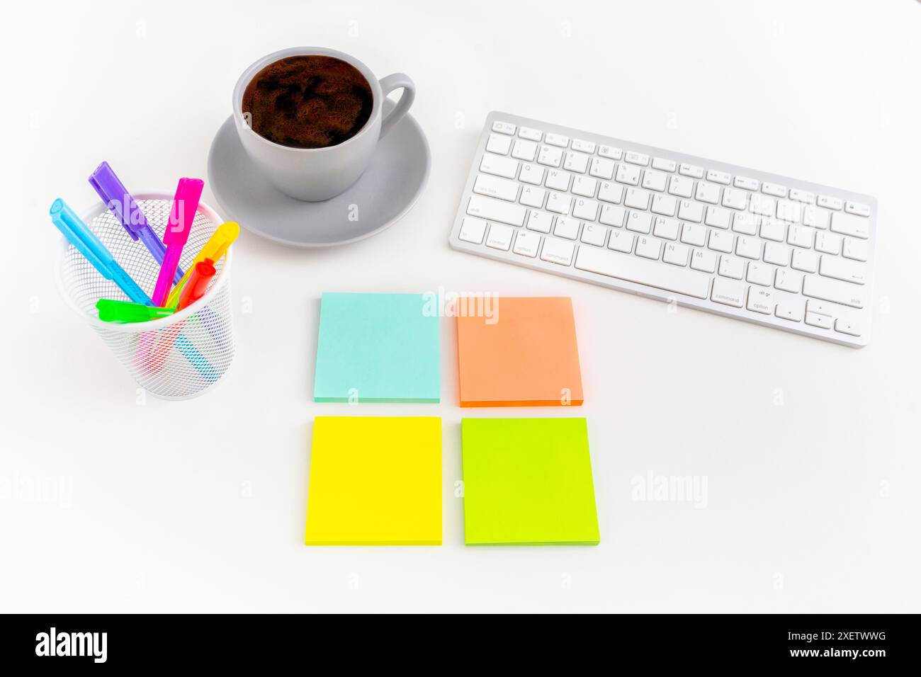 Office desk table with supplies, sticky notes and coloured pens. Top ...