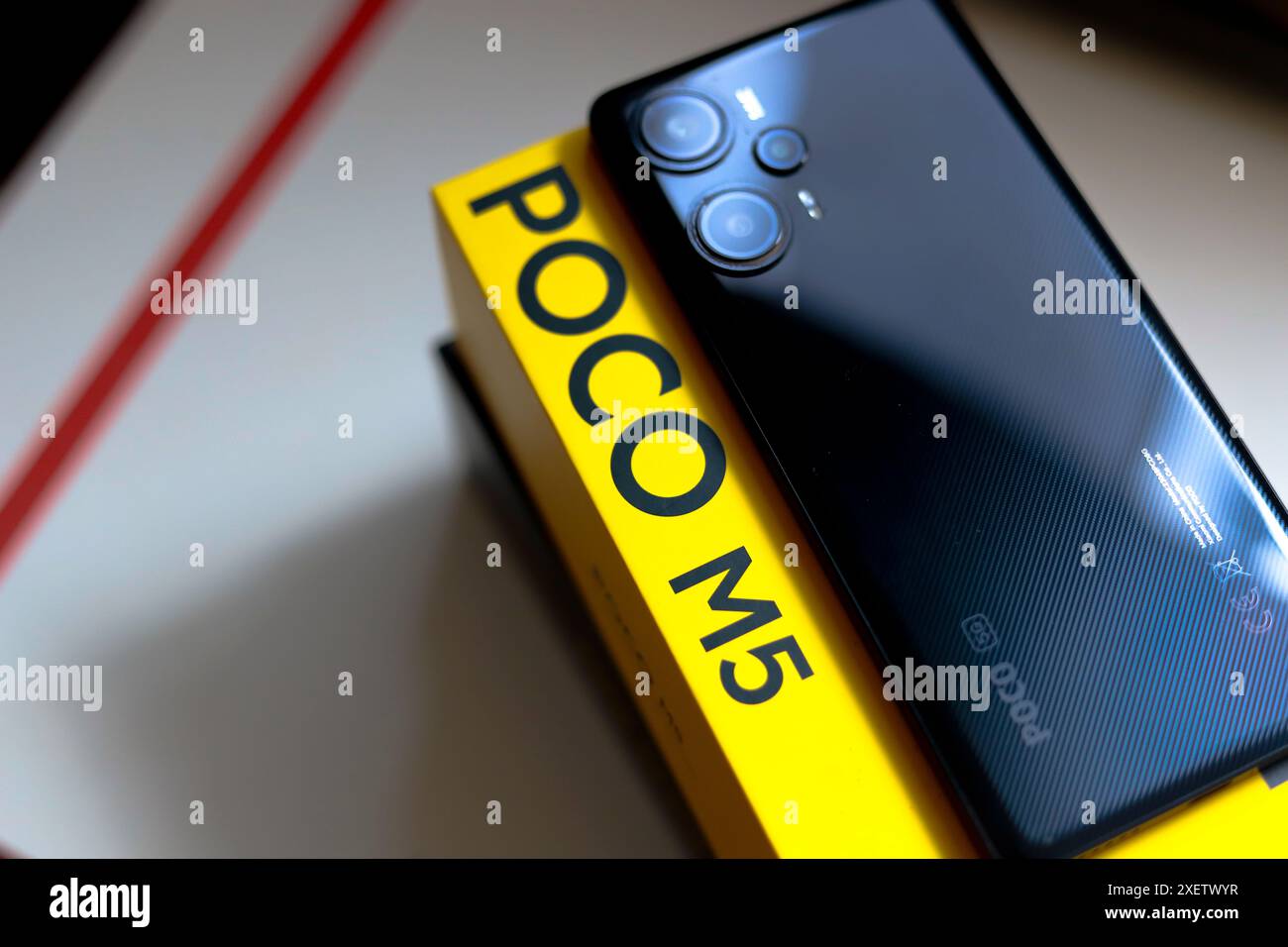 In this photo illustration, the packaging of a POCO M5 smartphone. The ...
