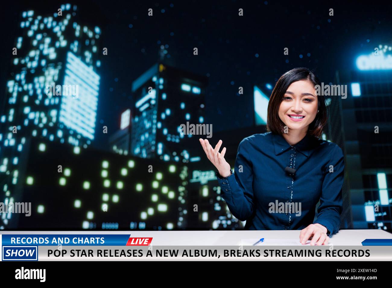 Artist breaking records and charts tops with new album release, woman presenter talking about ...