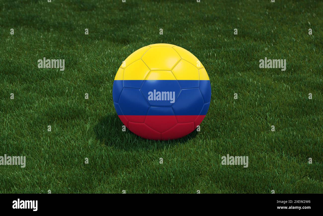 Soccer ball with Colombia flag colors at a stadium on green grasses ...