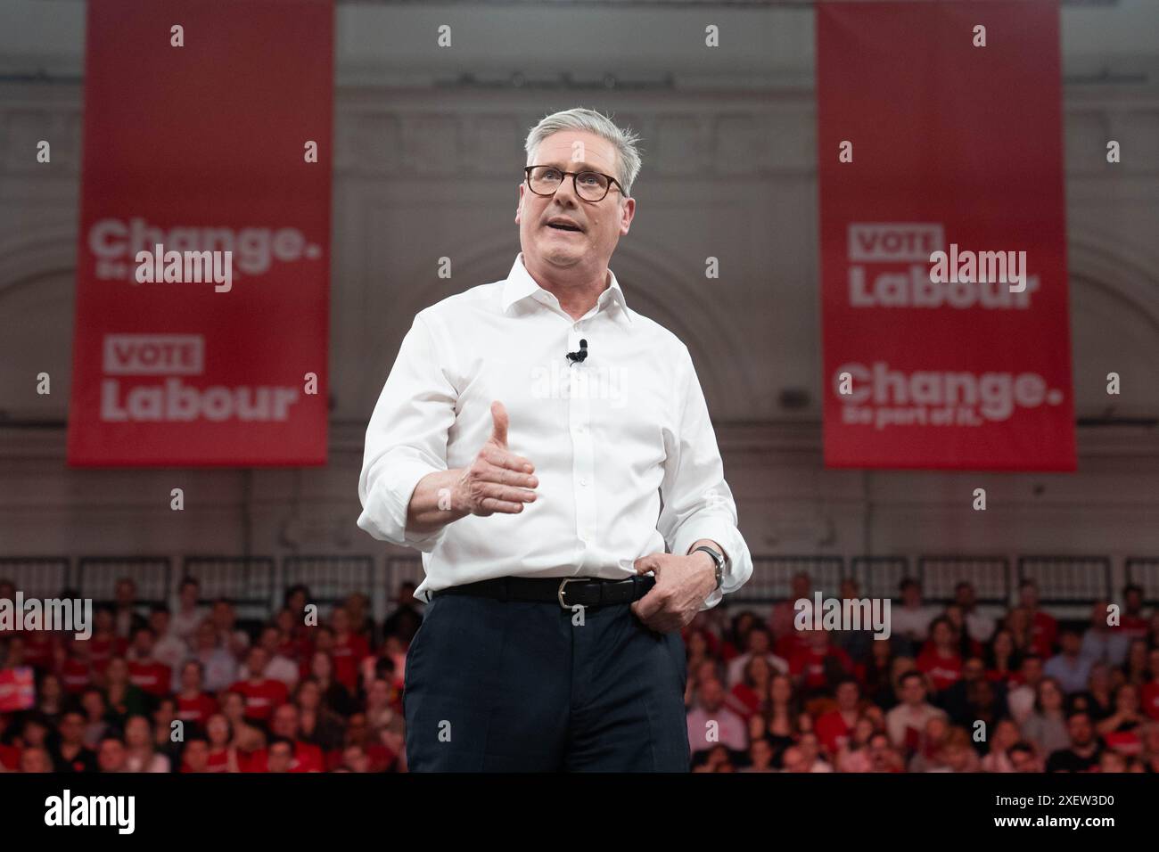 Labour leader Sir Keir Starmer addresses an audience of Labour Party members and supporters ...