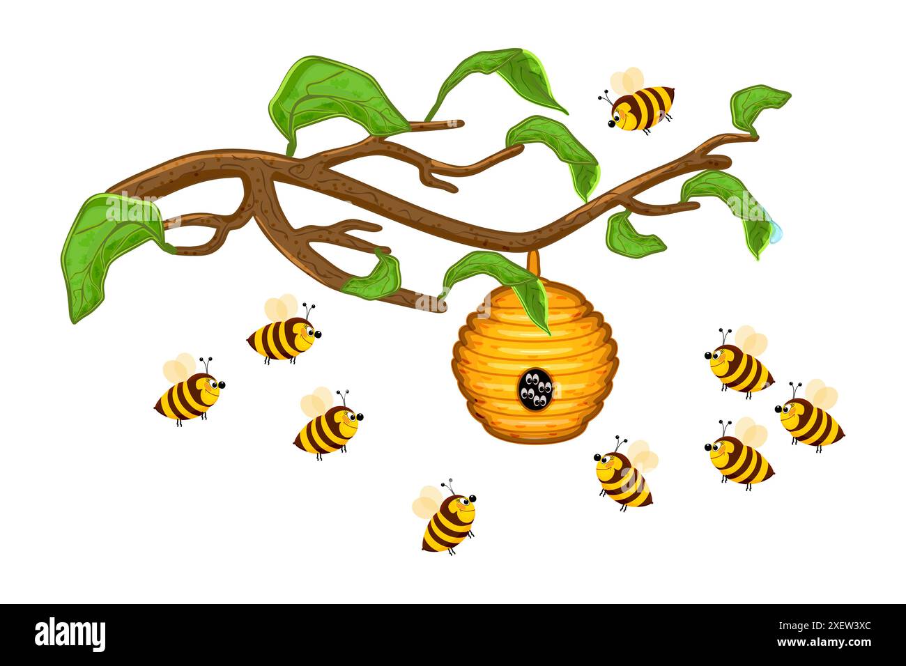 Beehive hanging on tree branch on white background. Swarm of wild bees ... Beehive hanging on tree branch on white background. Swarm of wild bees ...