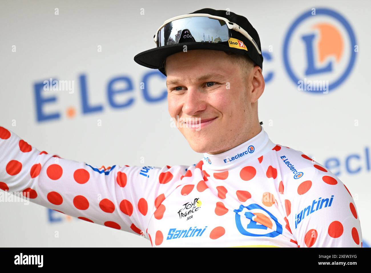 JONAS ABRAHAMSEN CELEBRATING PORTRAIT ON THE PODIUM OF THE FIRST STAGE ...