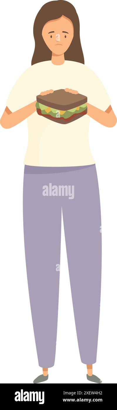 Sad woman is holding a stale sandwich, highlighting the global issue of ...