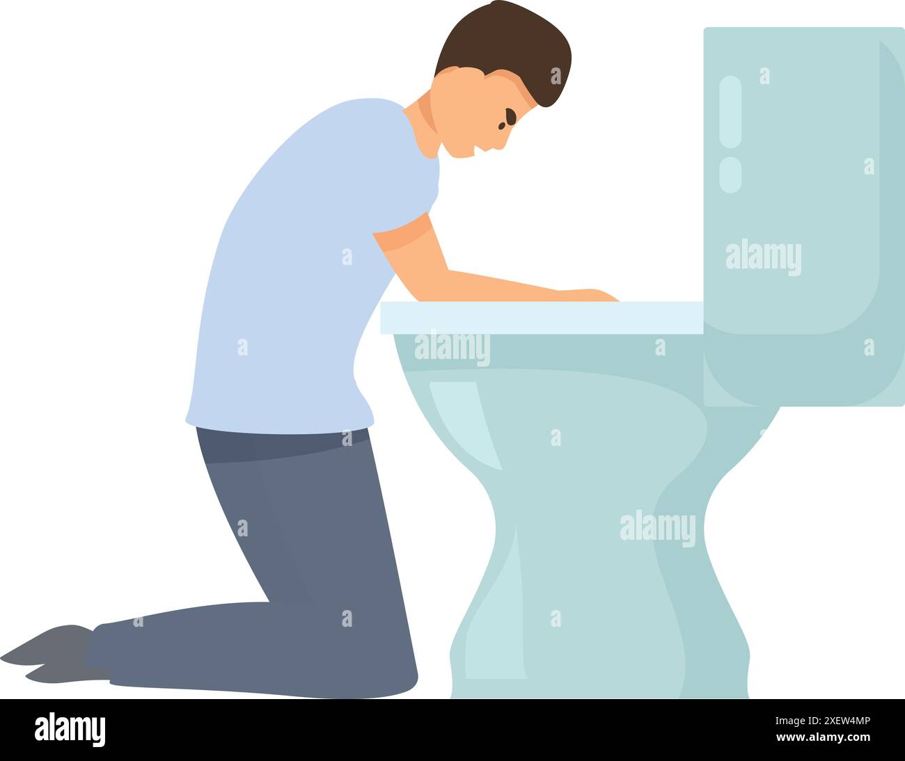 Sick young man is kneeling in front of the toilet, suffering from ...