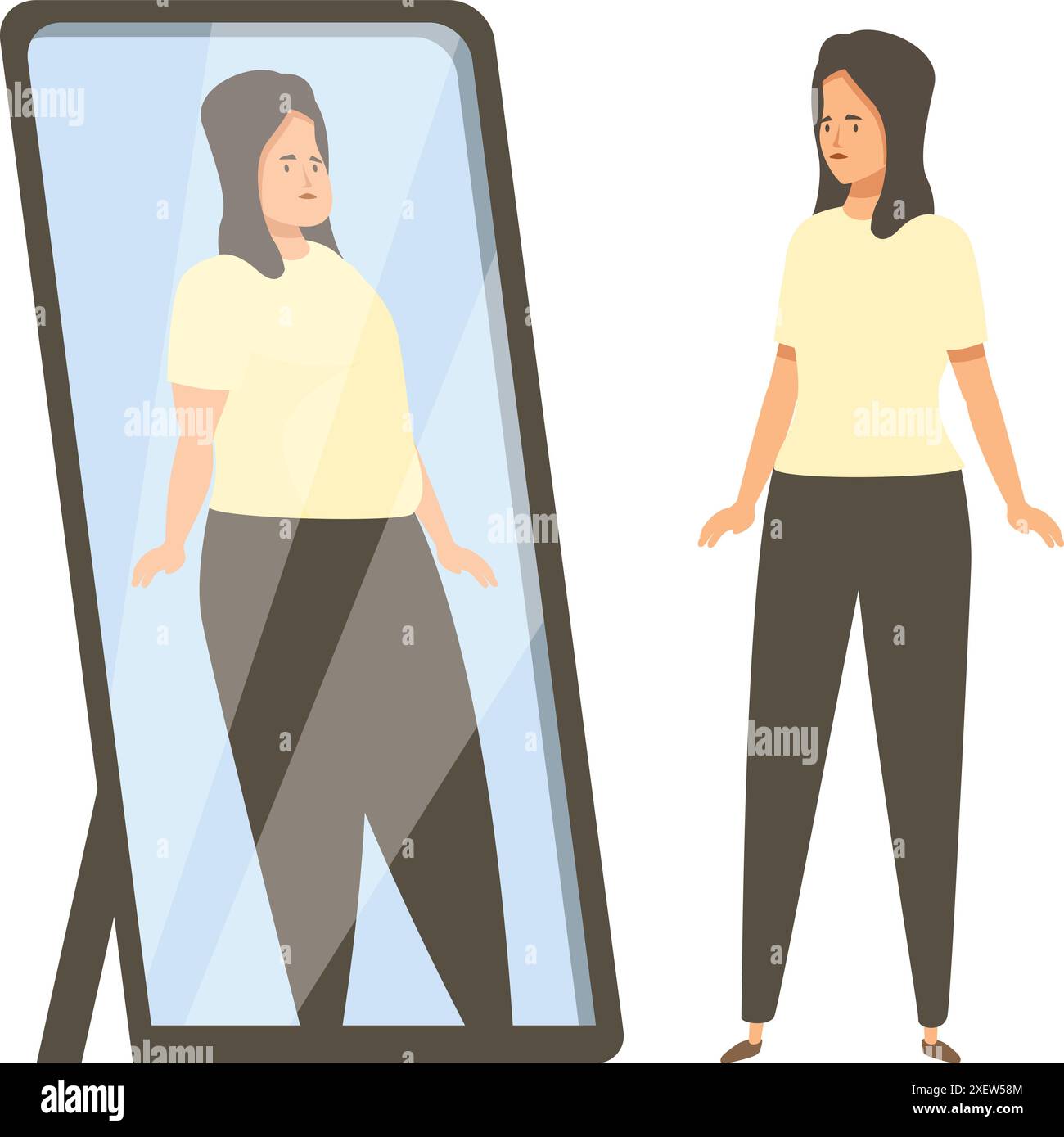 Young woman is unhappy with her body image as she sees a distorted ...