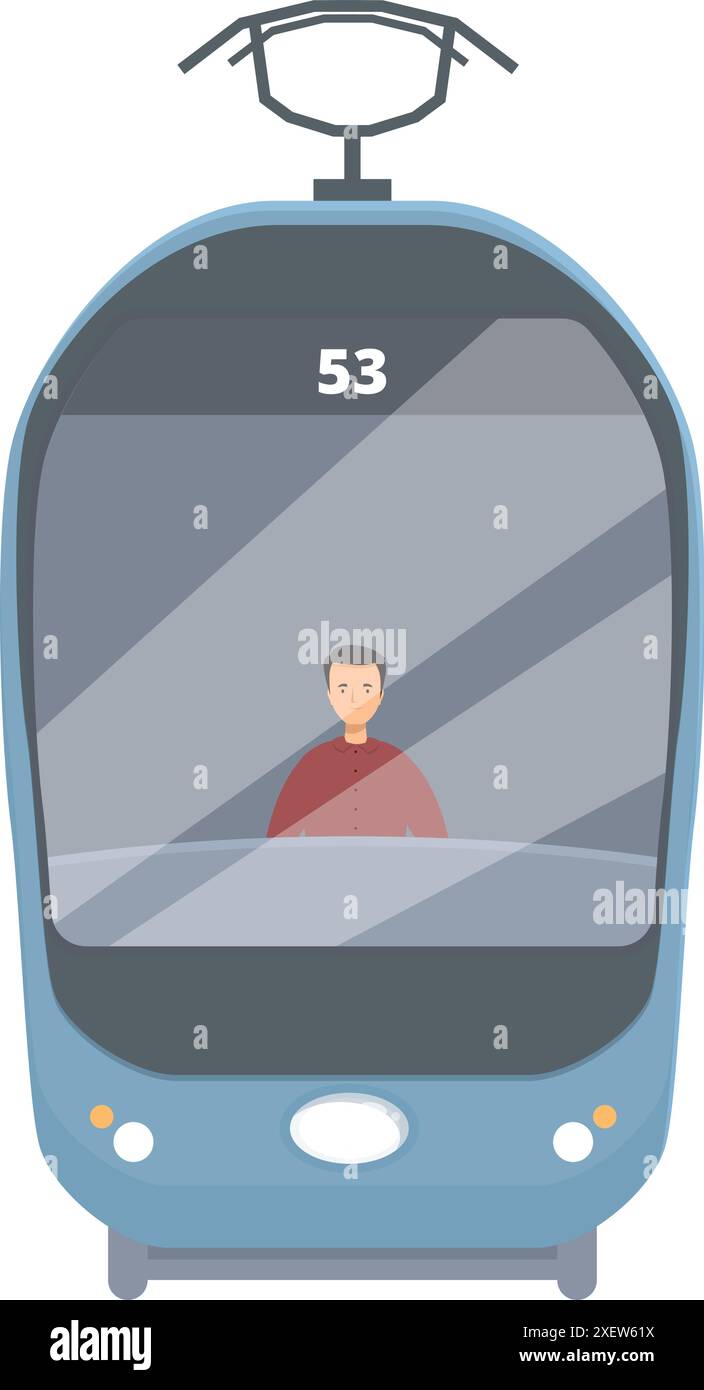 Tram driver is sitting in a modern tram and driving through the city ...