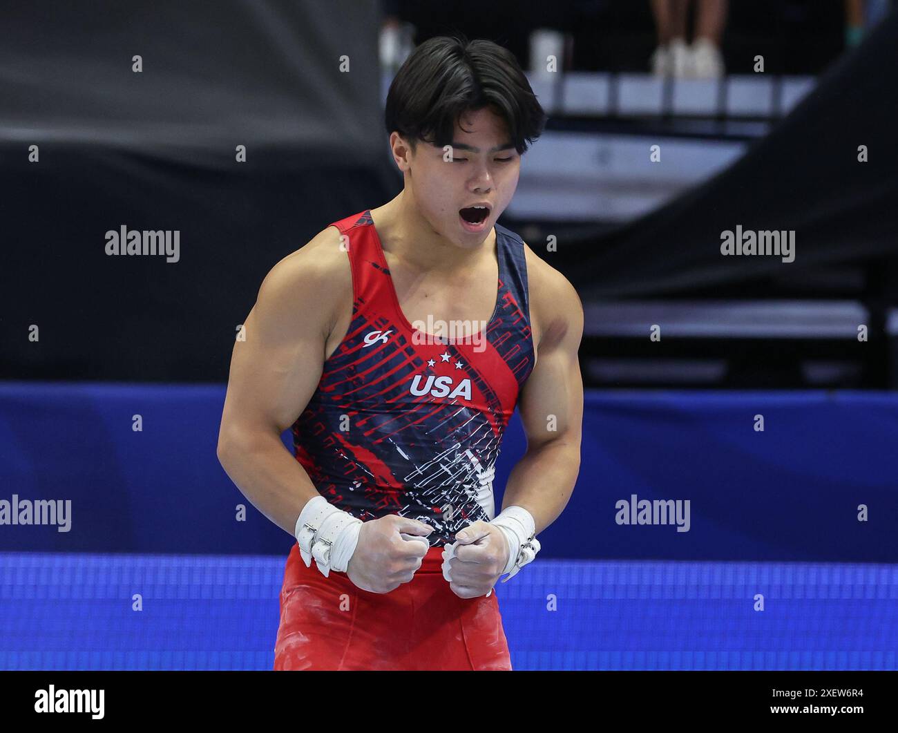 June 29, 2024: Asher Hong celebrates during the 2024 Gymnastics U.S ...