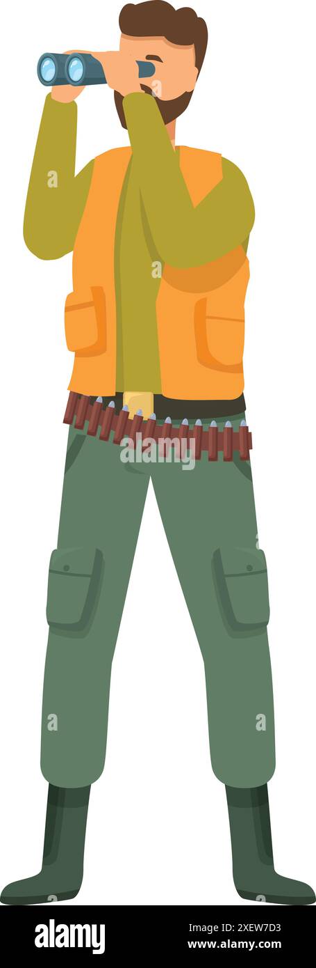 Hunter looking for animals through binoculars while holding his weapon ...