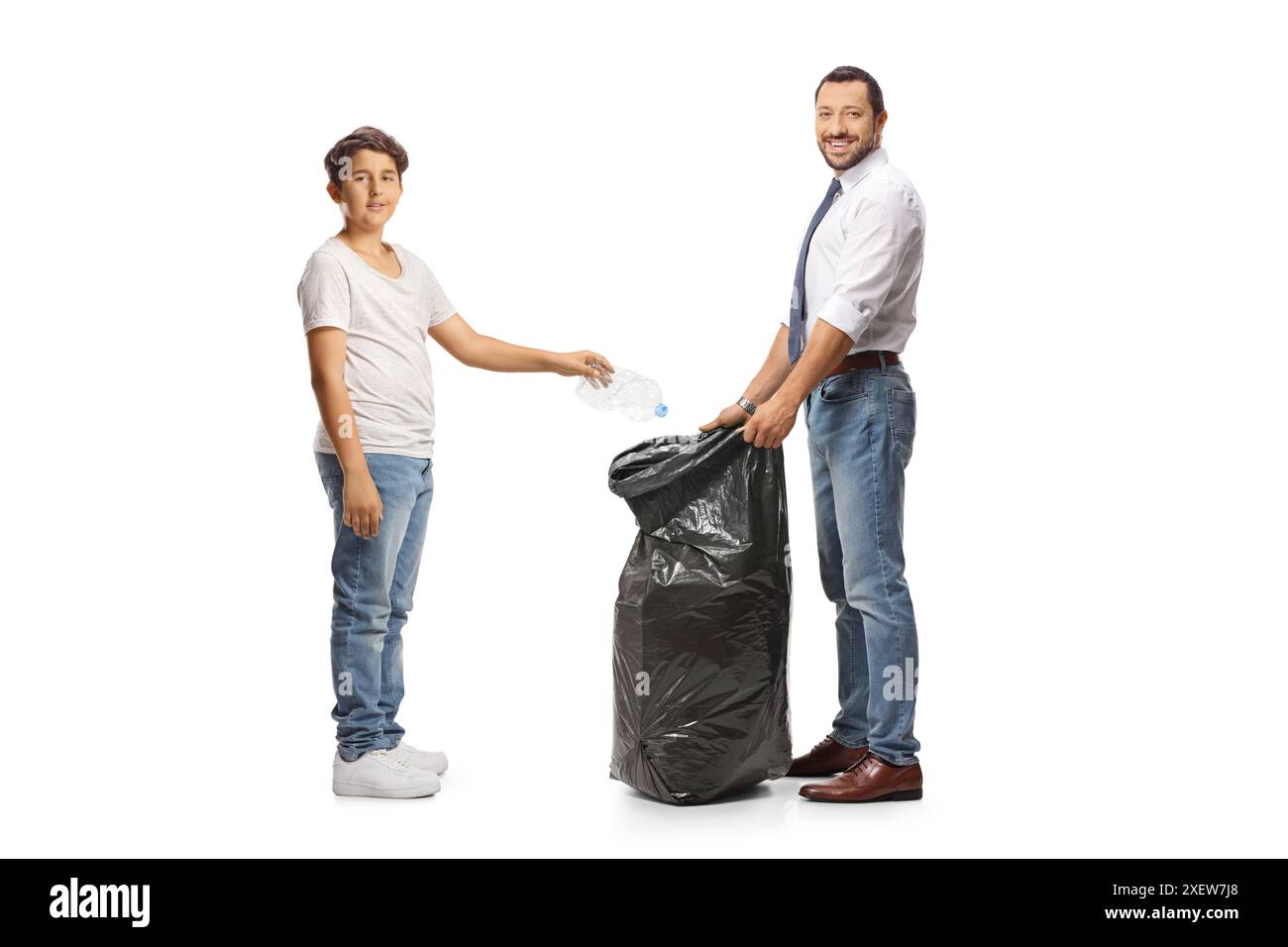 Man holding a waste bag and teenager throwing a plastic bottle isolated ...