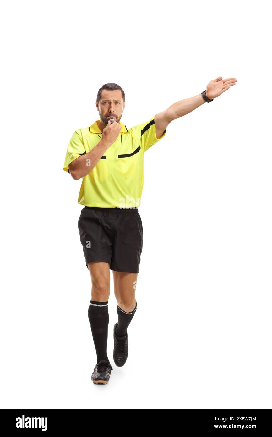 Football referee walking and blowing a whistle isolated on white ...
