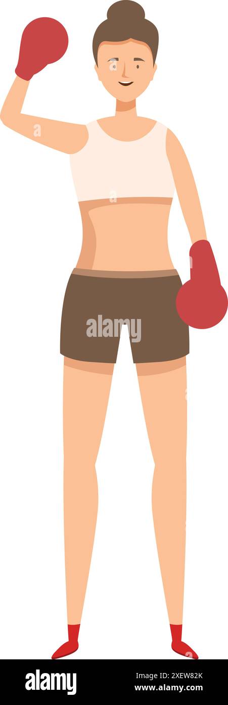 Young woman boxer wearing boxing gloves is raising her arm in victory ...