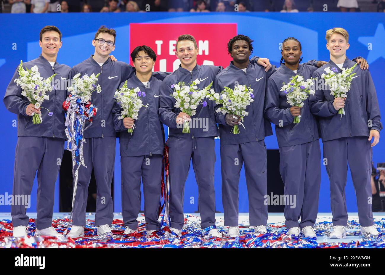June 29, 2024: The 2024 U.S. Olympic mens gymnastics team following the 2024 Gymnastics U.S ...