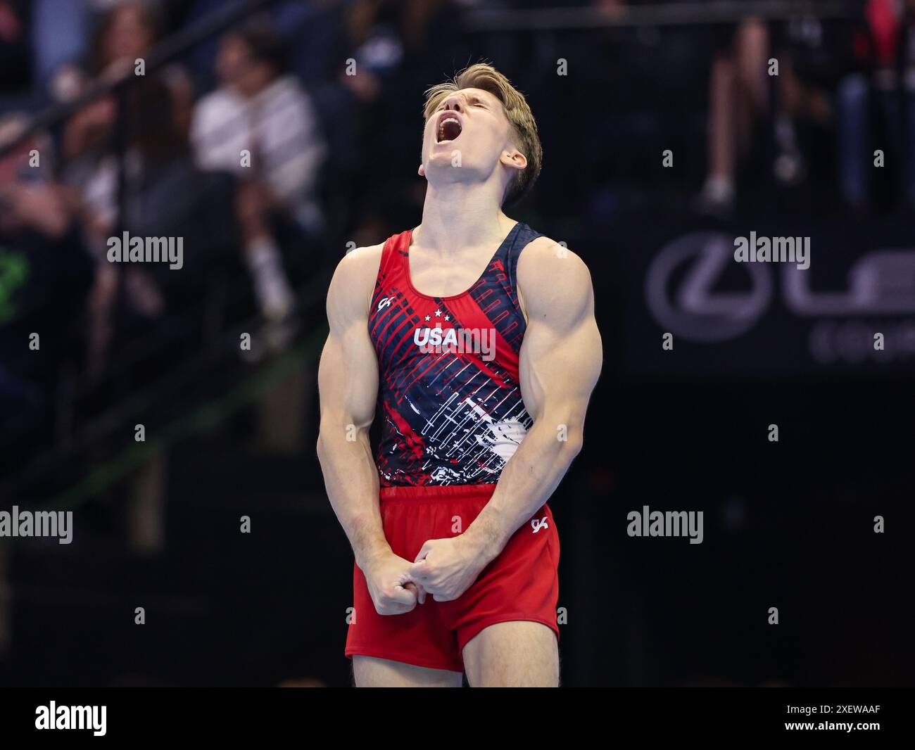 June 29, 2024: Shane Wiskus celebrates after a routine at the 2024 ...